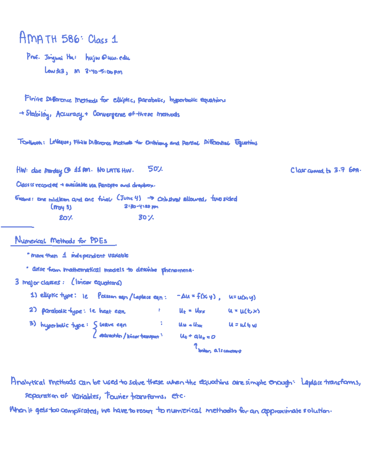 Notes 1-17 - AMATH 586: Class 1 Prof. Jingwei Hu: Lew313, M pm Finite ...