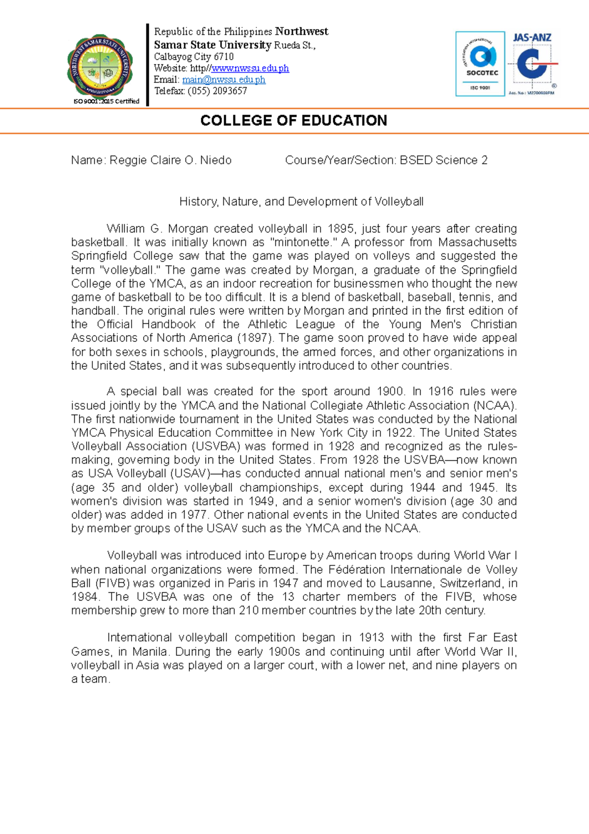 PE EDUC - LESSON - Name: Reggie Claire O. Niedo Course/Year/Section: BSED Science 2 History ...