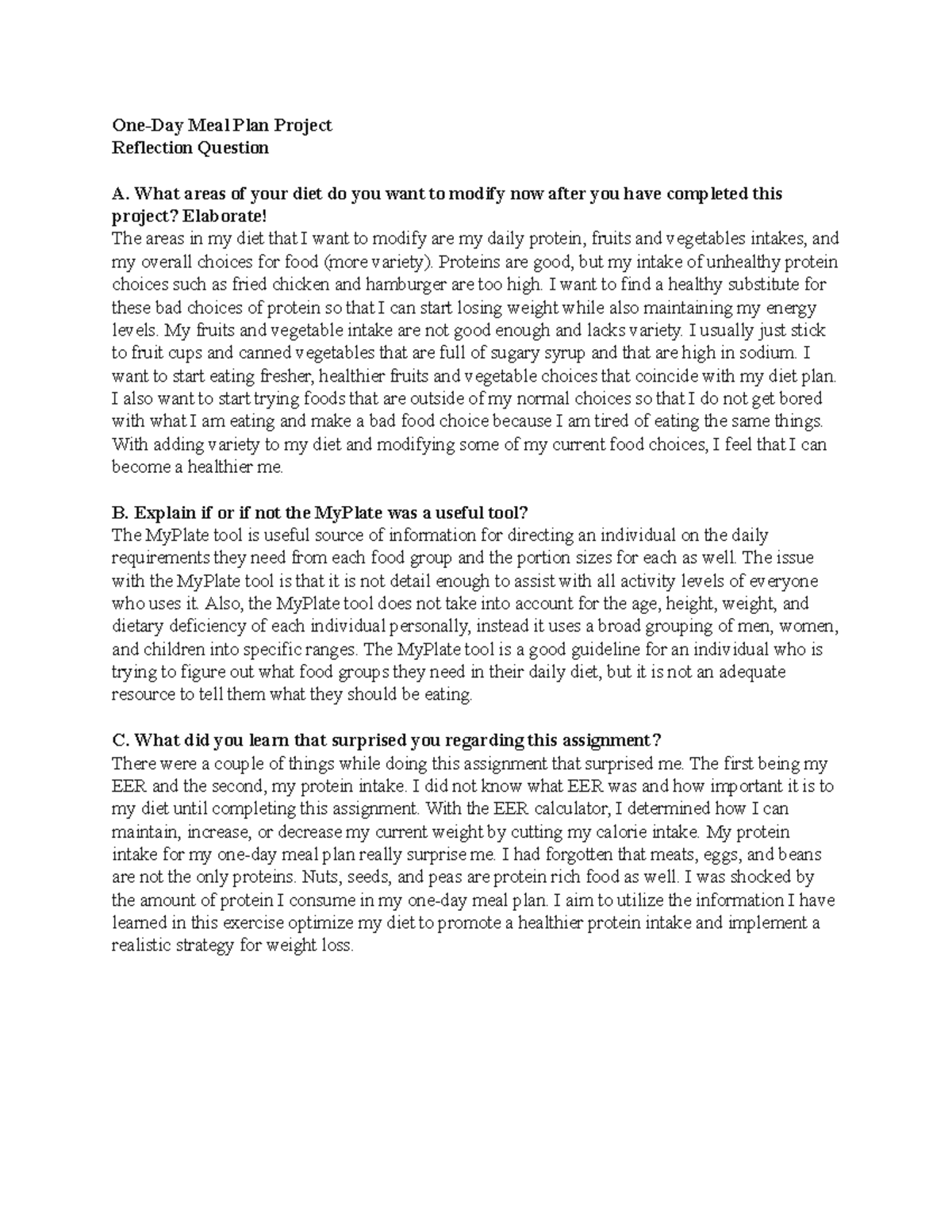 Nutrition Project - One-Day Meal Plan Project Reflection Question A ...