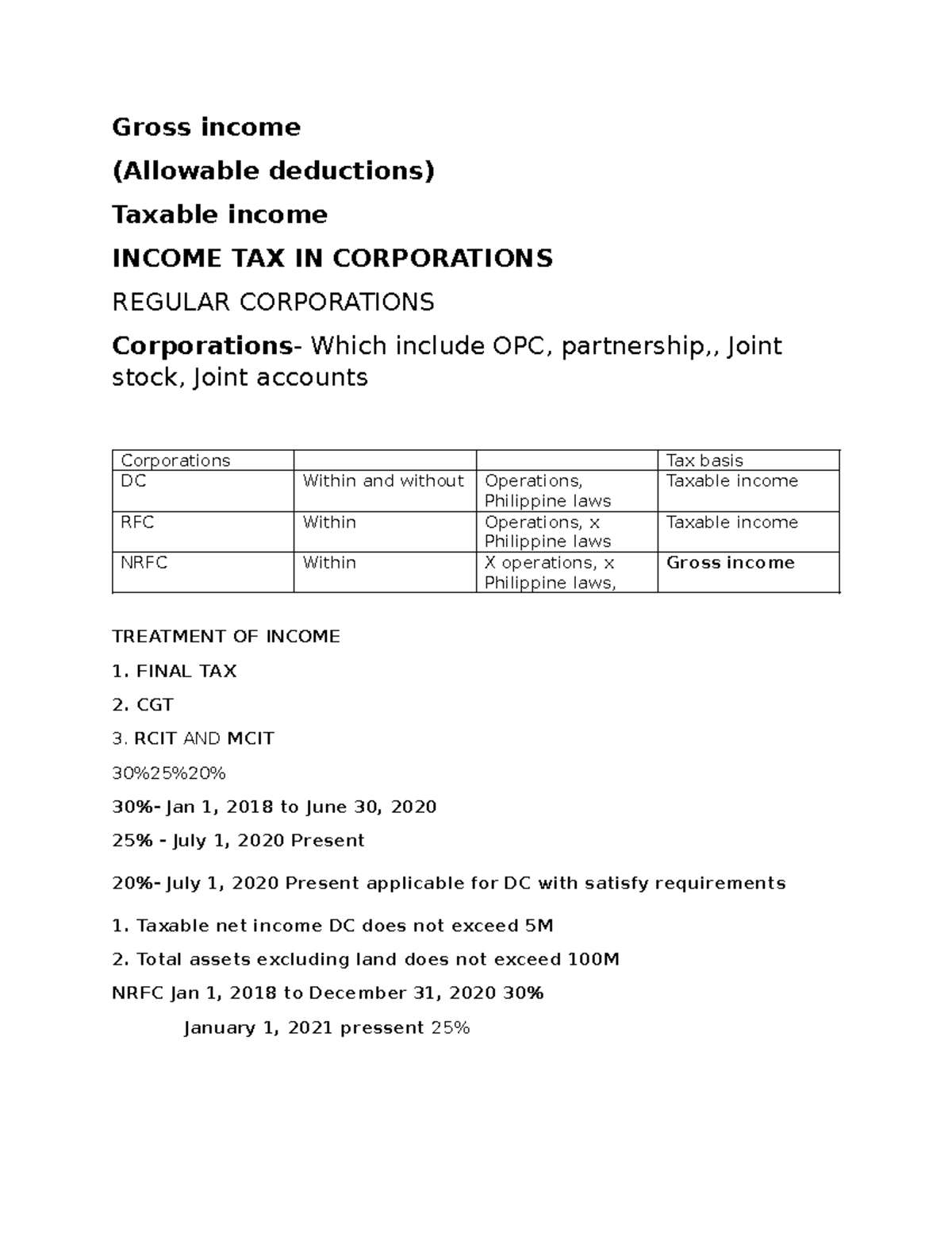 Regular Corporations - Gross income (Allowable deductions) Taxable ...
