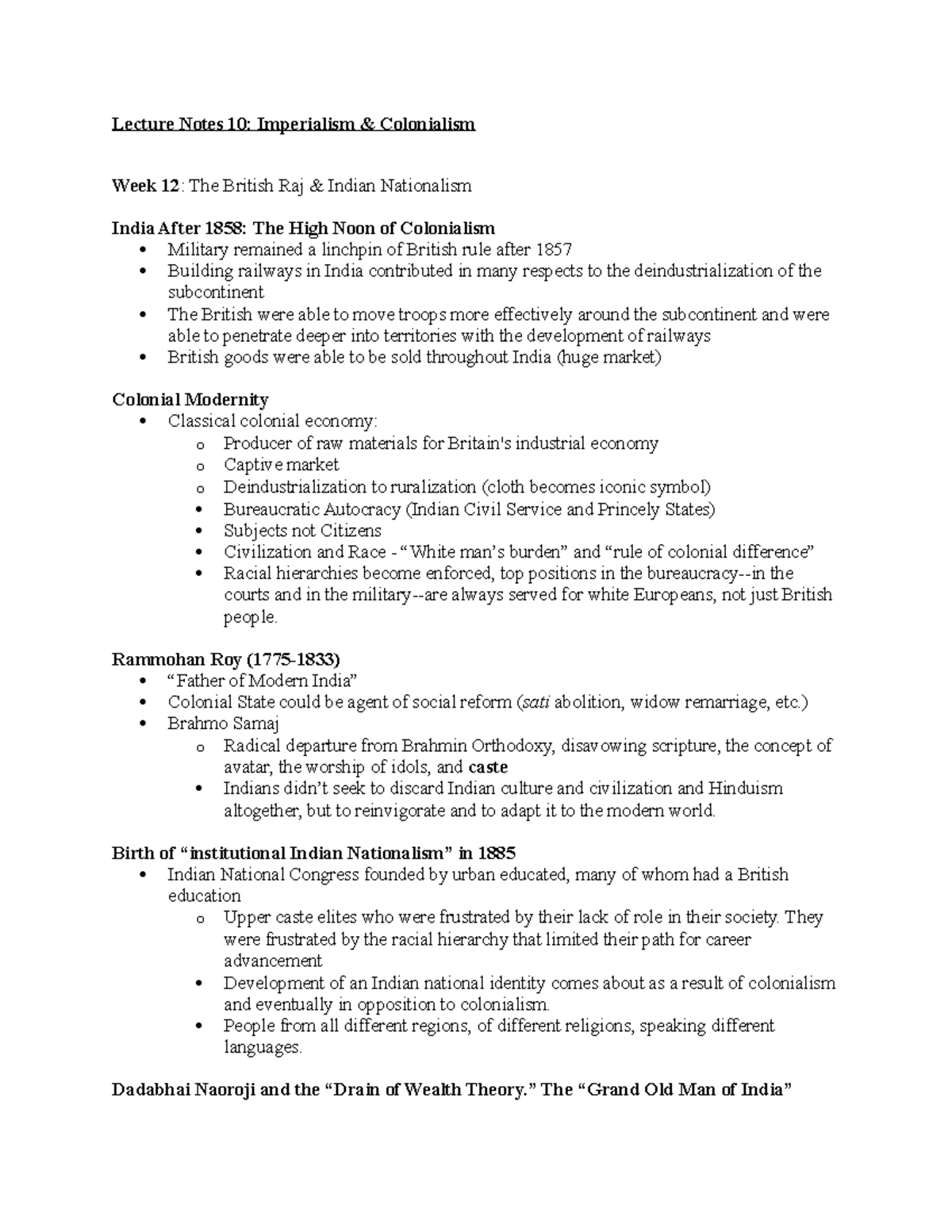 Lecture Notes 10 Imperialism and Colonialism - Lecture Notes 10 ...
