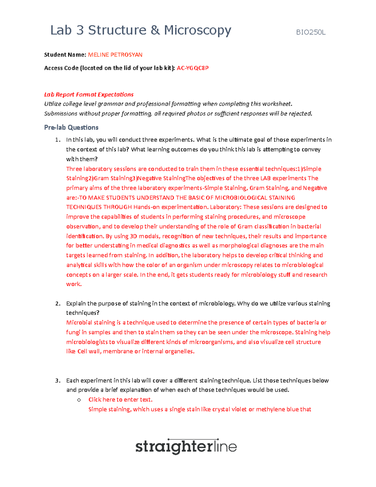 BIO250 Lab 3 MP - Lab worksheet BIO 250 - Student Name: MELINE PETROSYAN Access Code (located on ...