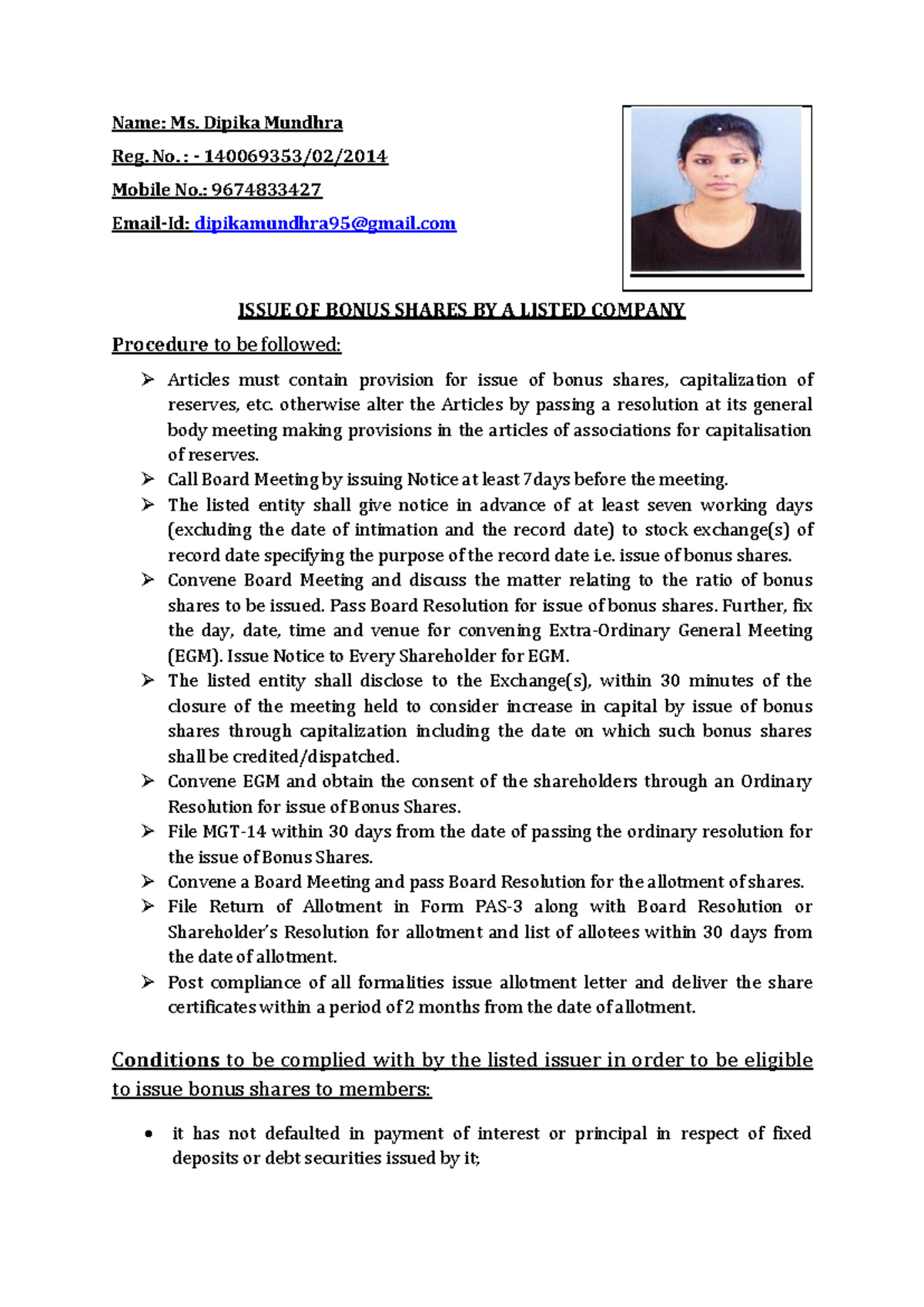 Procedure for issue of bonus shares by listed company - Name: Ms ...