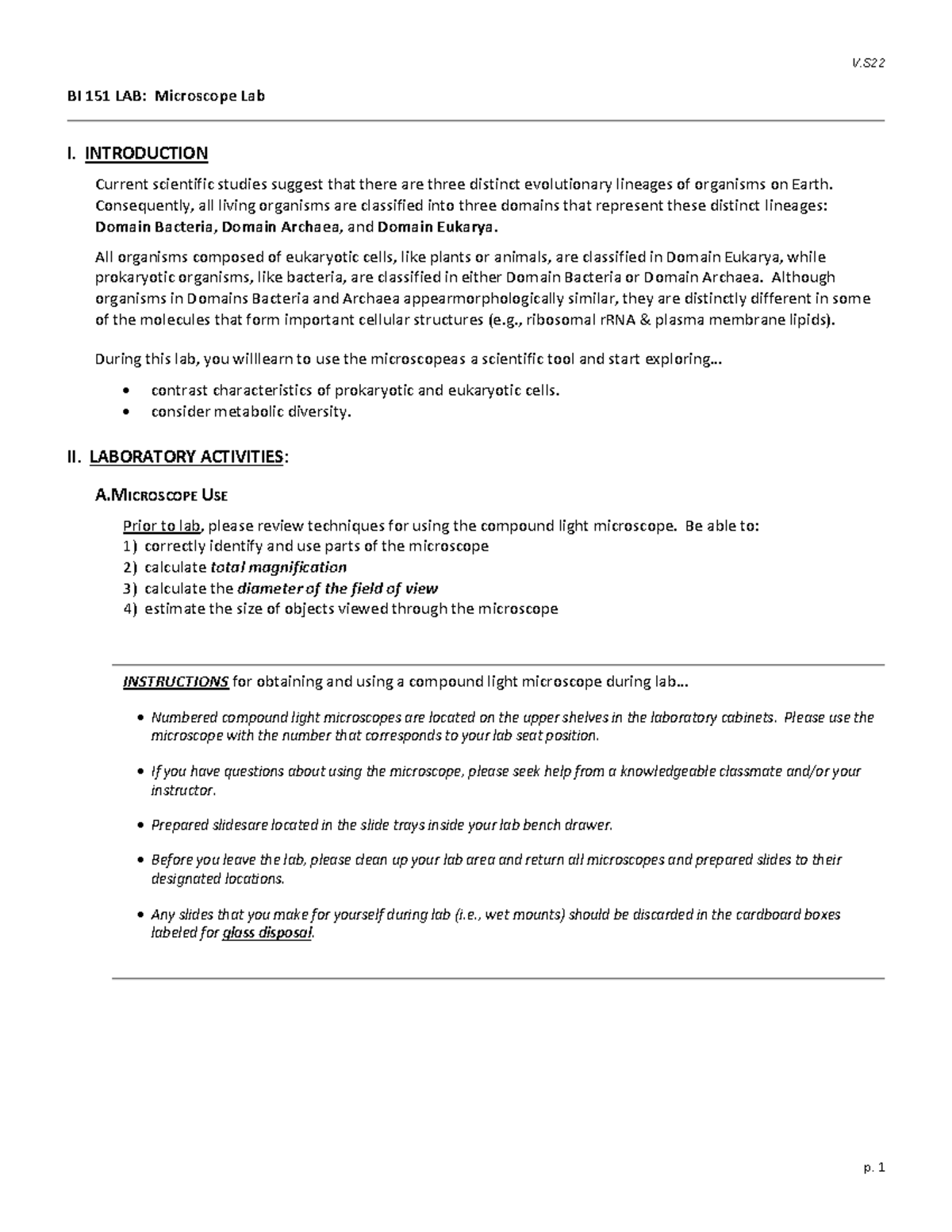 Microscope Lab Handout - BI 151 LAB: Microscope Lab I. INTRODUCTION Current scientific studies ...