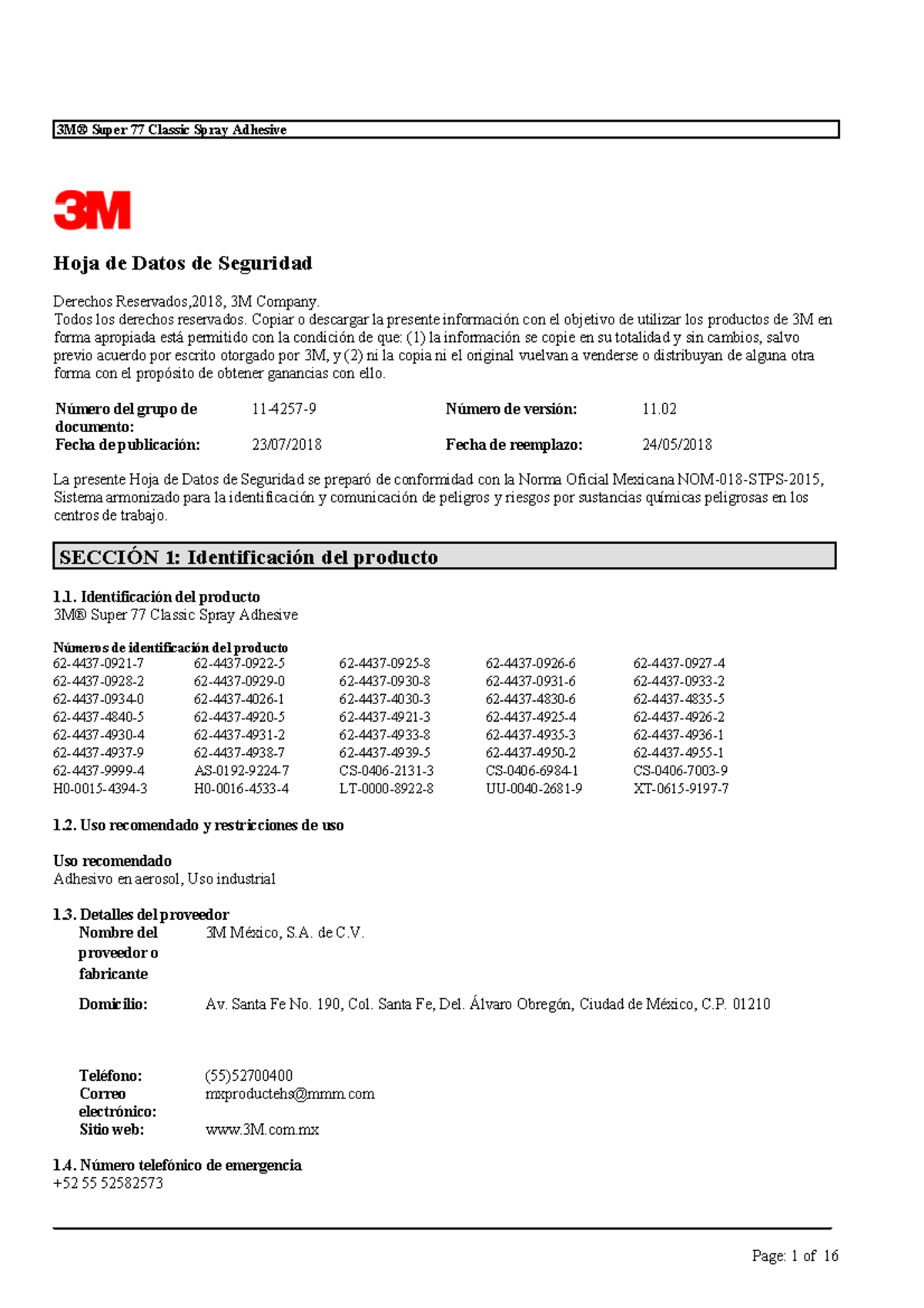 3M Super 77 Adhesivo - MSDS - - Studocu