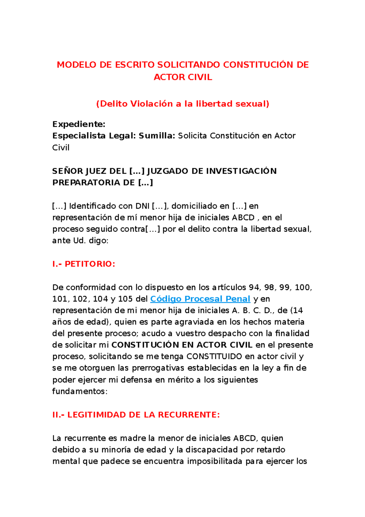 Modelo DE Escrito Solicitando actor civil - MODELO DE ESCRITO ...