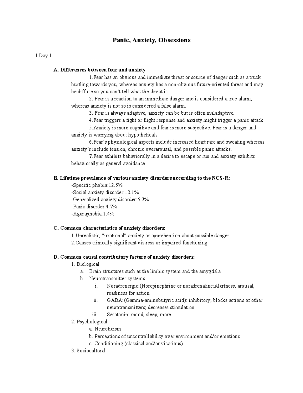 Panic, Anxiety, Obsessions Notes - Panic, Anxiety, Obsessions I 1 A ...