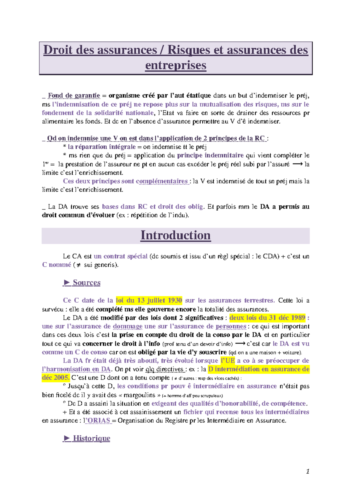 Fiches Droit des assurances risques et assurance en entreprises - Droit ...