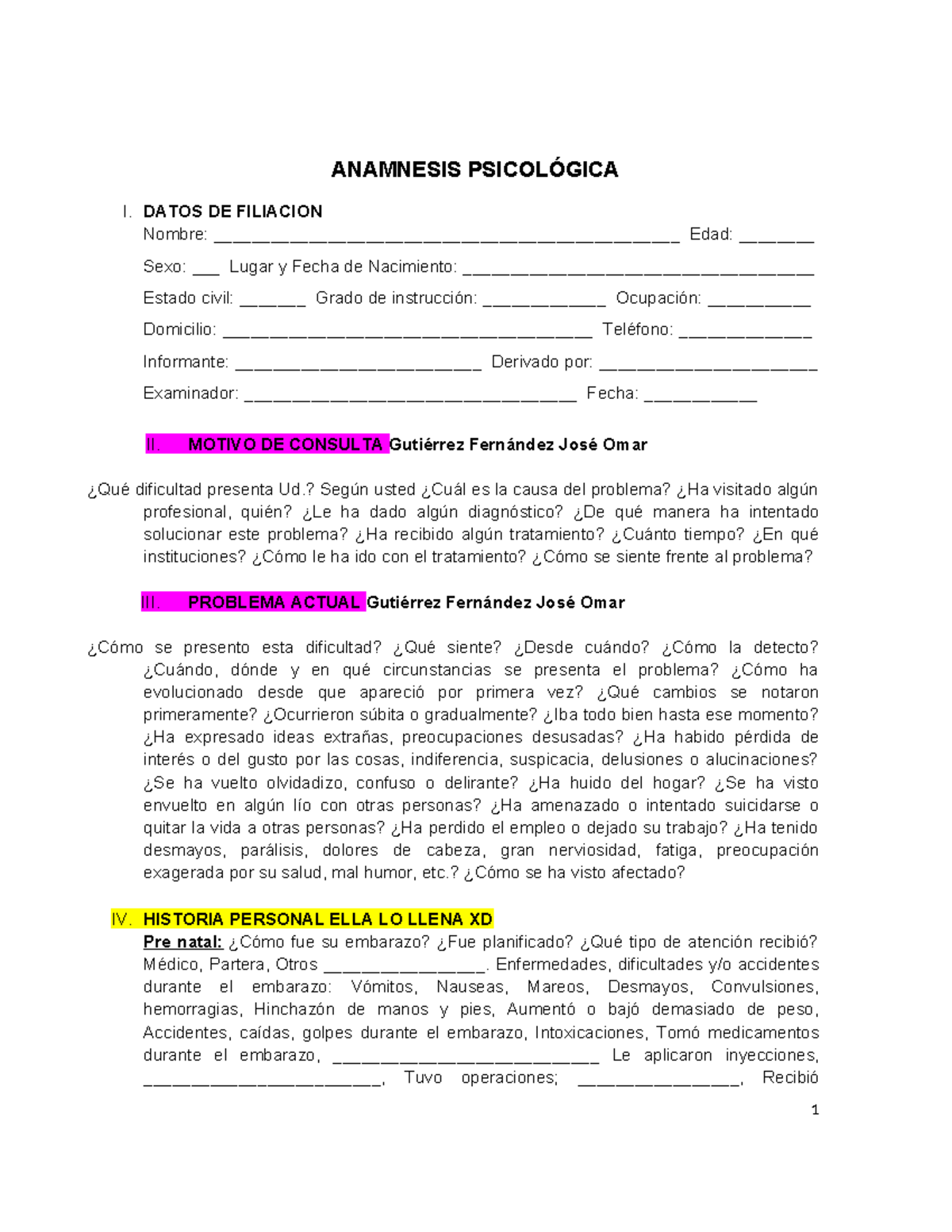 ejemplo de una anamnesis psicologica en un caso clinico - ANAMNESIS ...