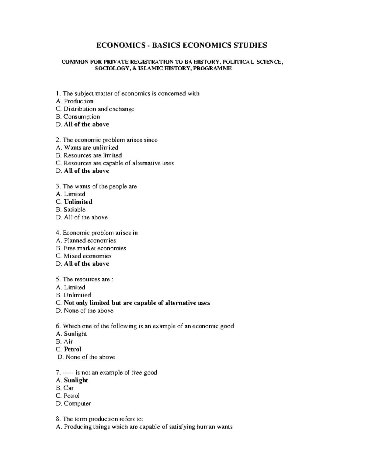 Eco mcqs nice - General practice material for test - ECONOMICS - BASICS ...