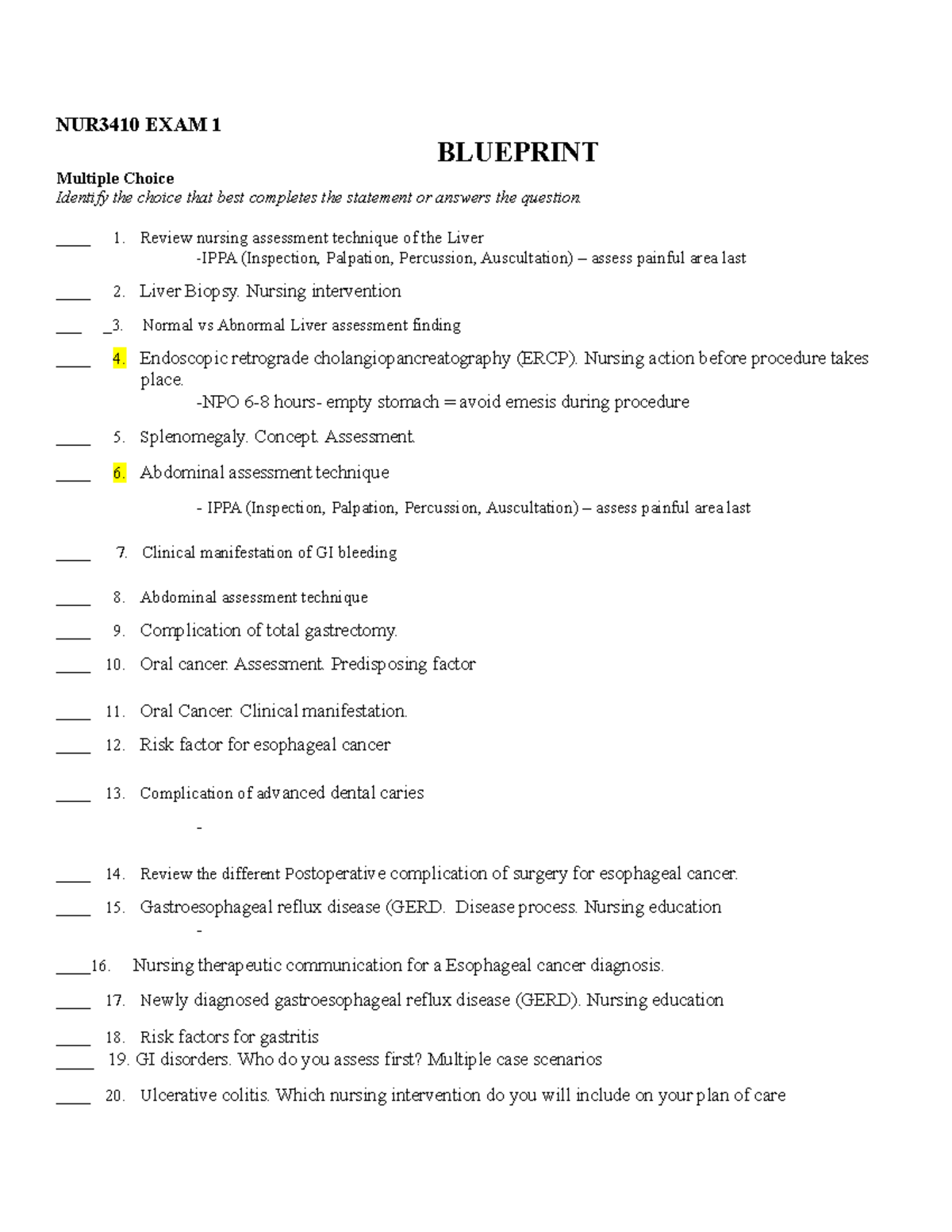 NUR3410 EXAM 1 Blueprint - NUR3410 EXAM 1 BLUEPRINT Multiple Choice ...