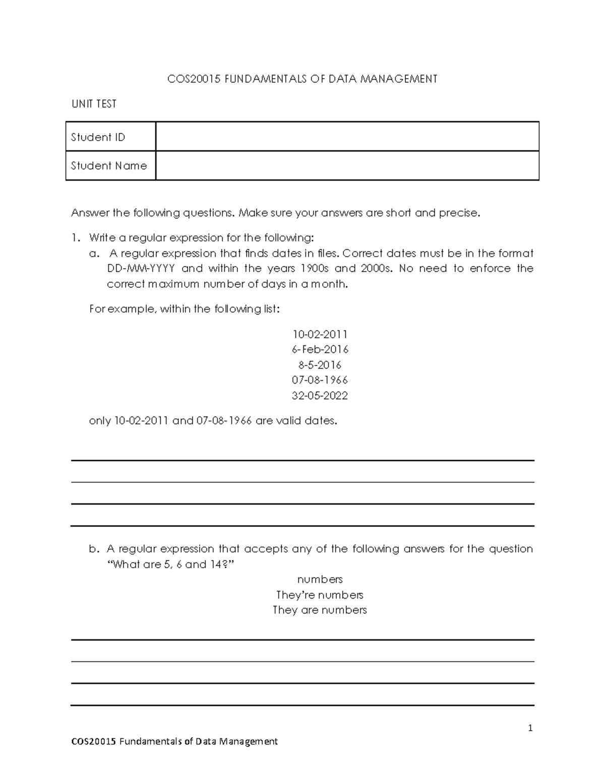 FDM Sample Test - PRACTICE TEST - 1 COS20015 FUNDAMENTALS OF DATA ...