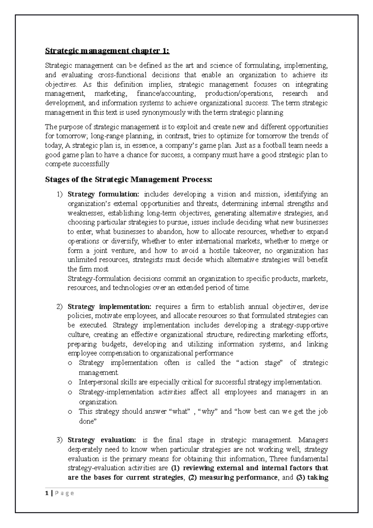 Fred R. David Strategic Management 13e Chapter 1 Notes - Strategic ...