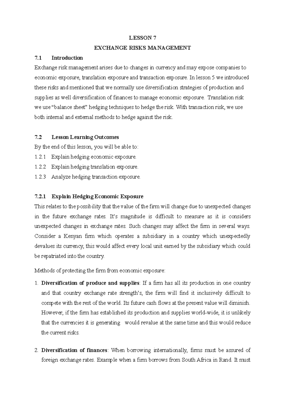 BAC 820 Lesson 7 - Kenyatta University - LESSON 7 EXCHANGE RISKS MANAGEMENT 7 Introduction ...
