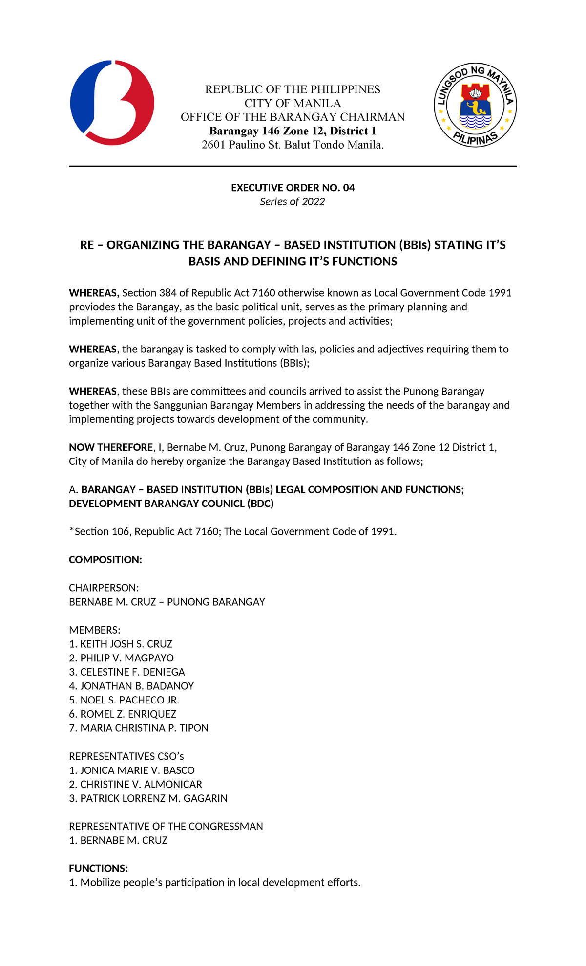 EO - Barangay Based Instituiton - CITY OF MANILA OFFICE OF THE BARANGAY ...