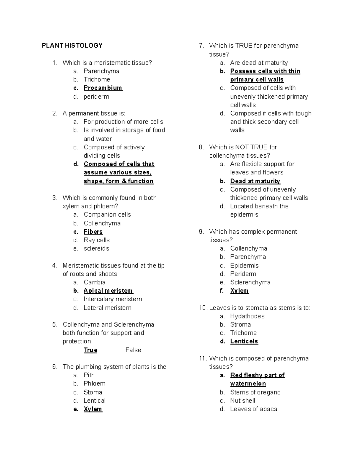 Botany- Plant Histology Practice TEST WITH Answer - PLANT HISTOLOGY ...