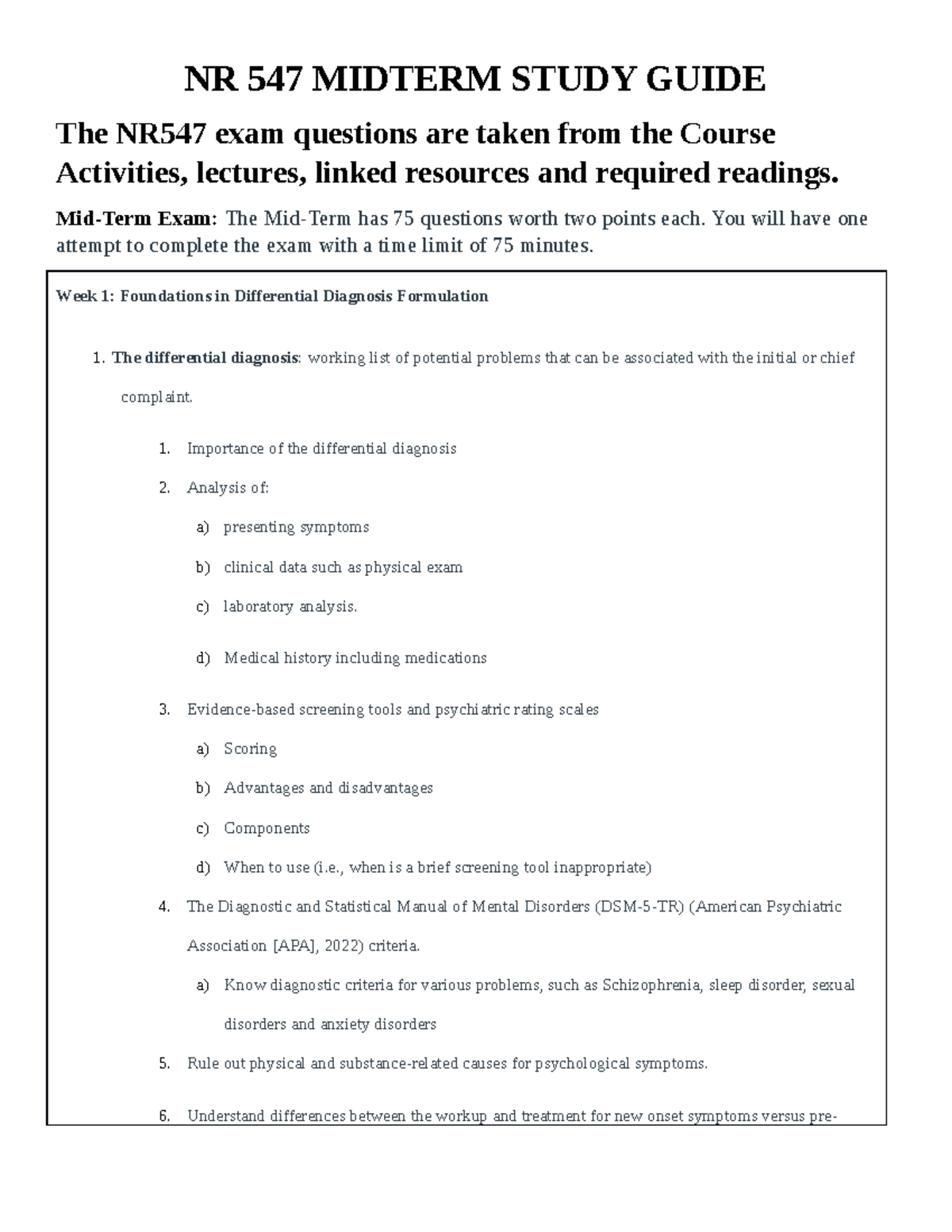 Nr547 Study guide midterm - NR 547 MIDTERM STUDY GUIDE The NR547 exam questions are taken from ...