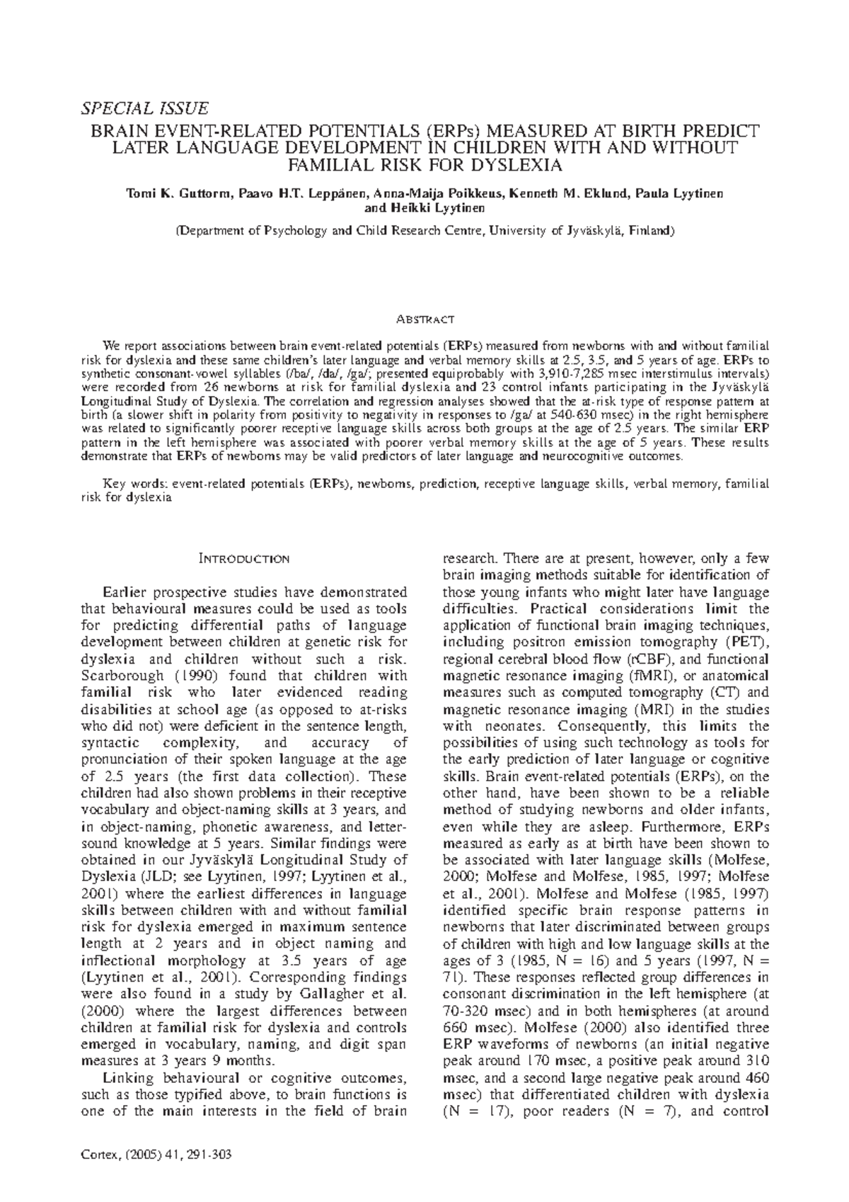 Brain Event Related Potentials ERPs Meas - INTRODUCTION Earlier prospective studies have - Studocu