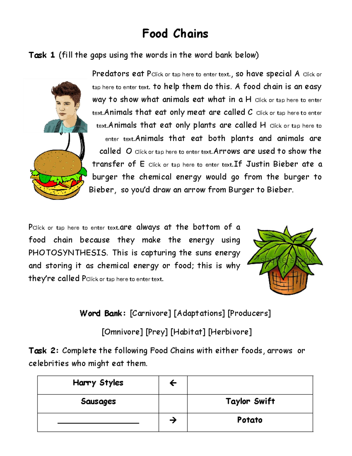 Foodchains - Resources for placement - Food Chains Task 1 (fill the ...