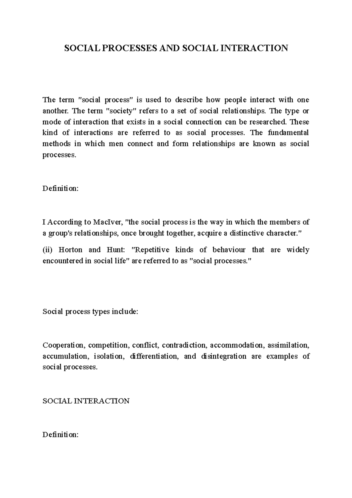 Social Processes AND Social Interaction - SOCIAL PROCESSES AND SOCIAL ...