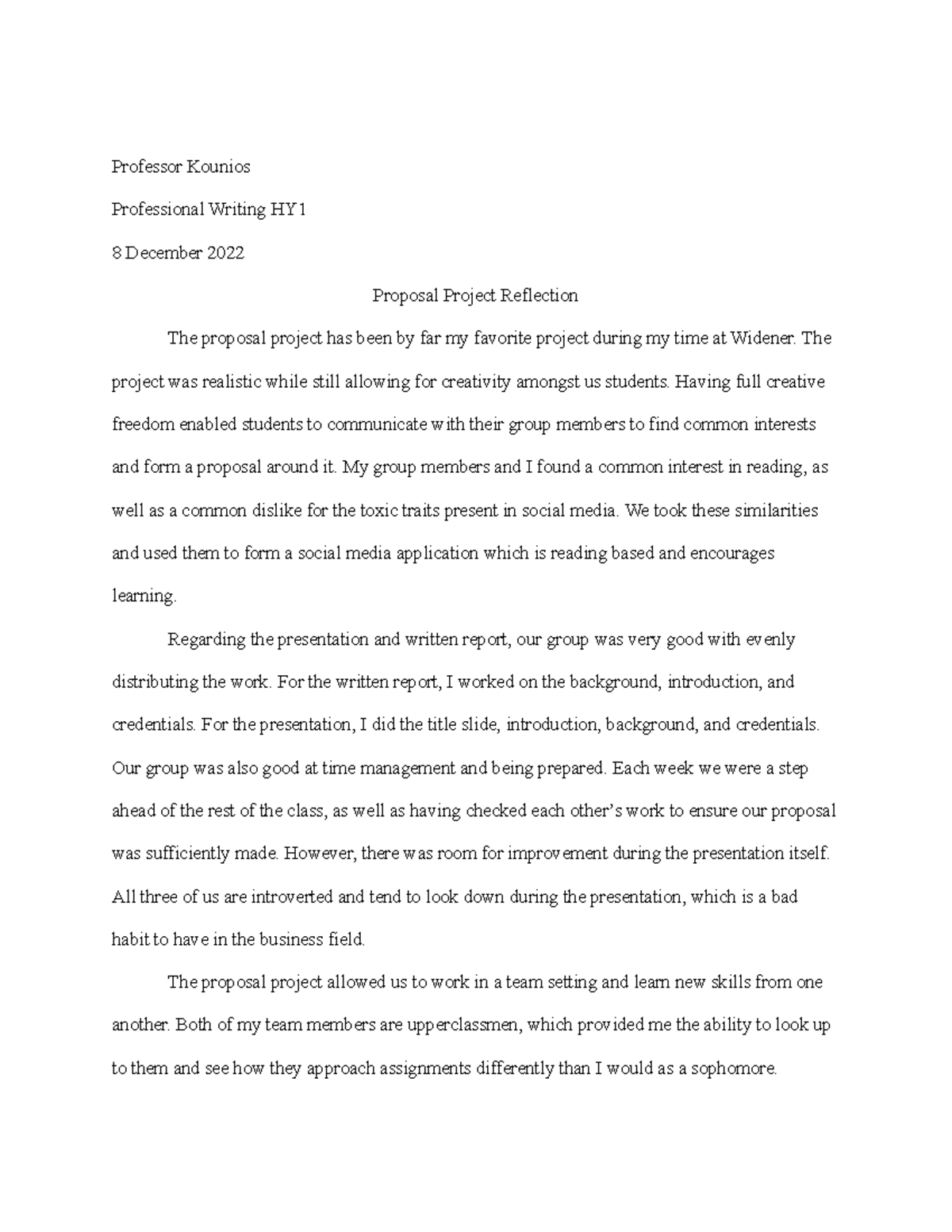 Proposal project reflection - Mia Sacco Professor Kounios Professional ...