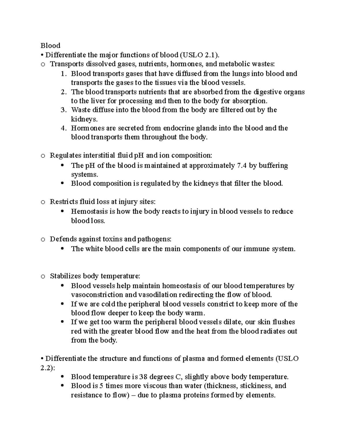 Unit 2 Blood - Blood Differentiate the major functions of blood (USLO 2 ...