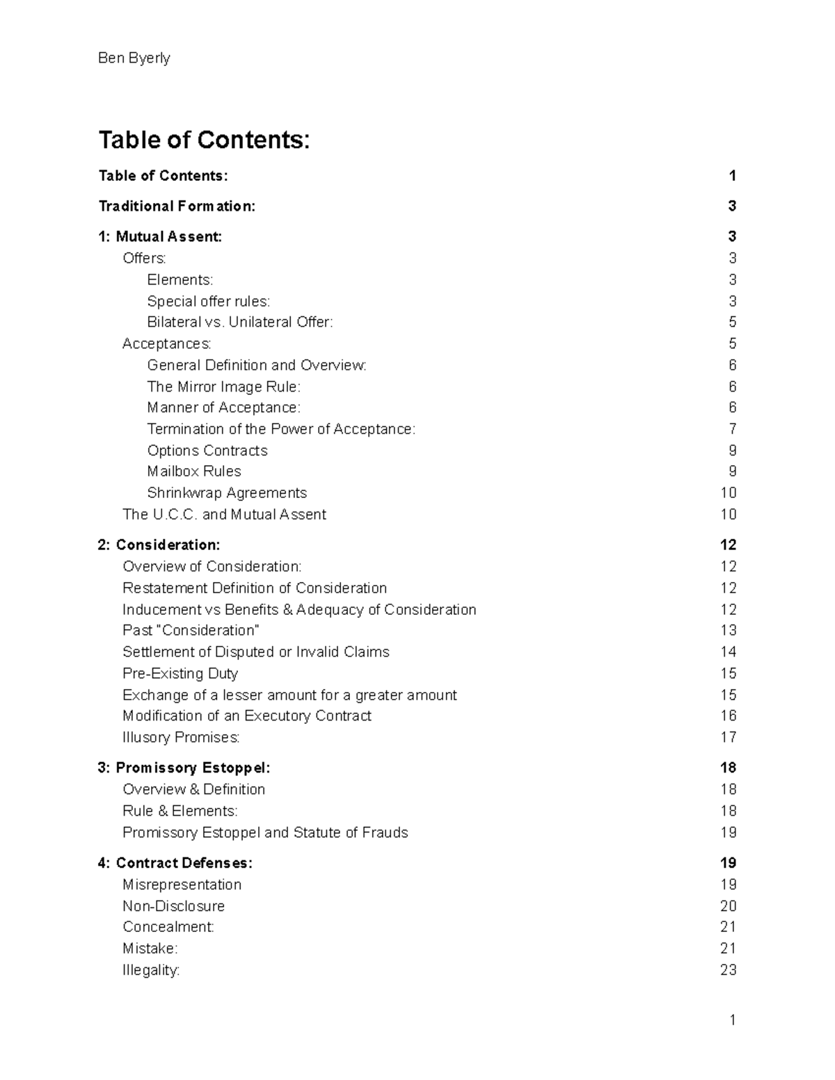 Contracts Outline - Table of Contents: Table of Contents: Traditional ...
