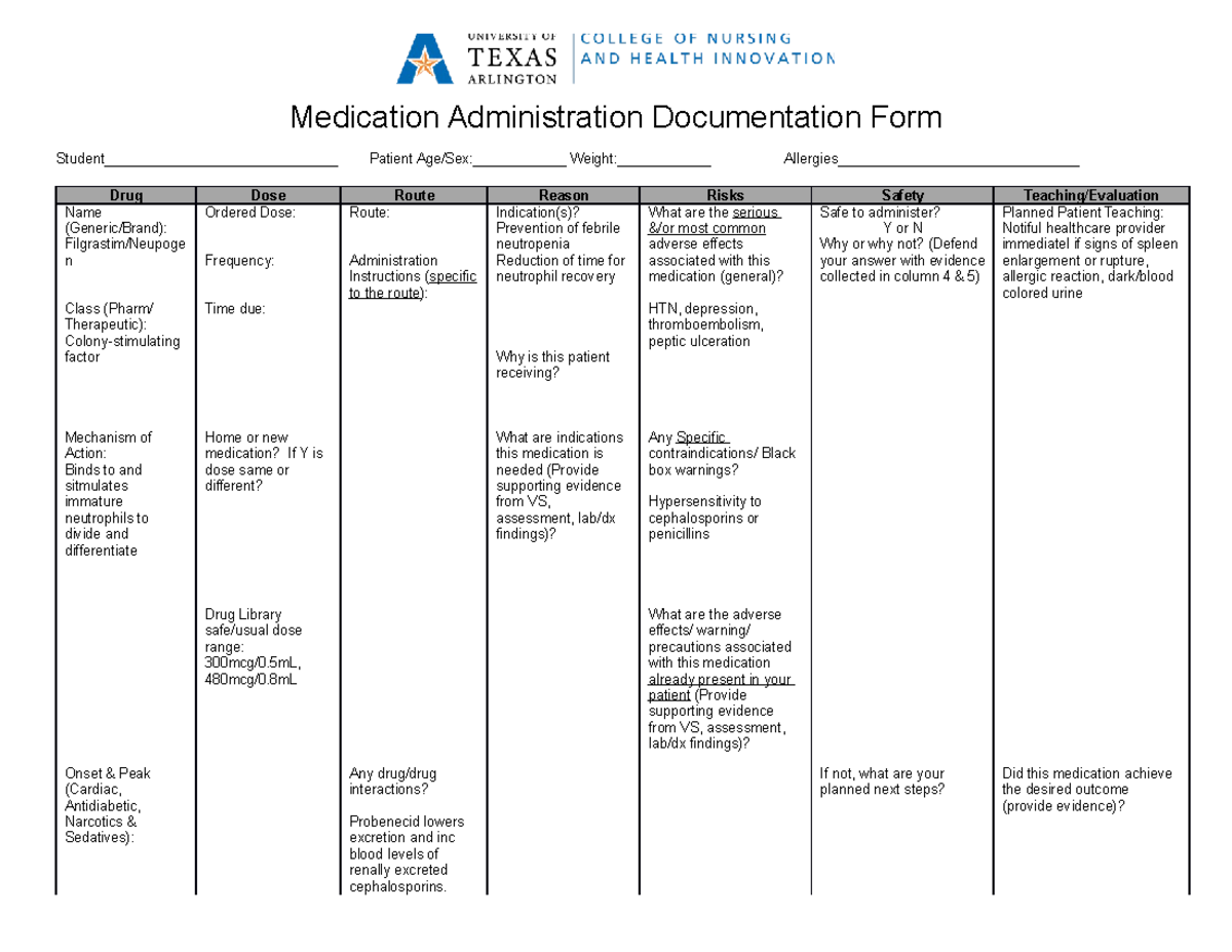 Neupogen - lmao - Medication Administration Documentation Form Student