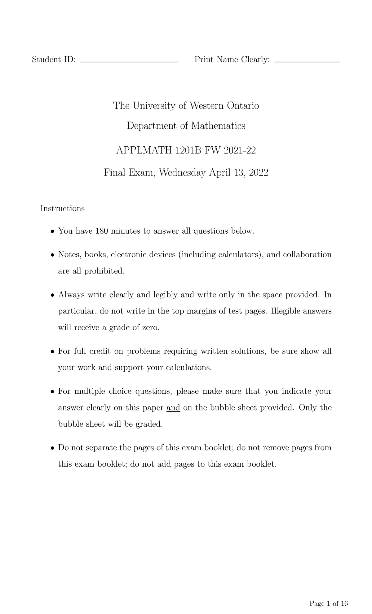 2022 Final Exam - Student ID: Print Name Clearly: The University of Western Ontario Department ...
