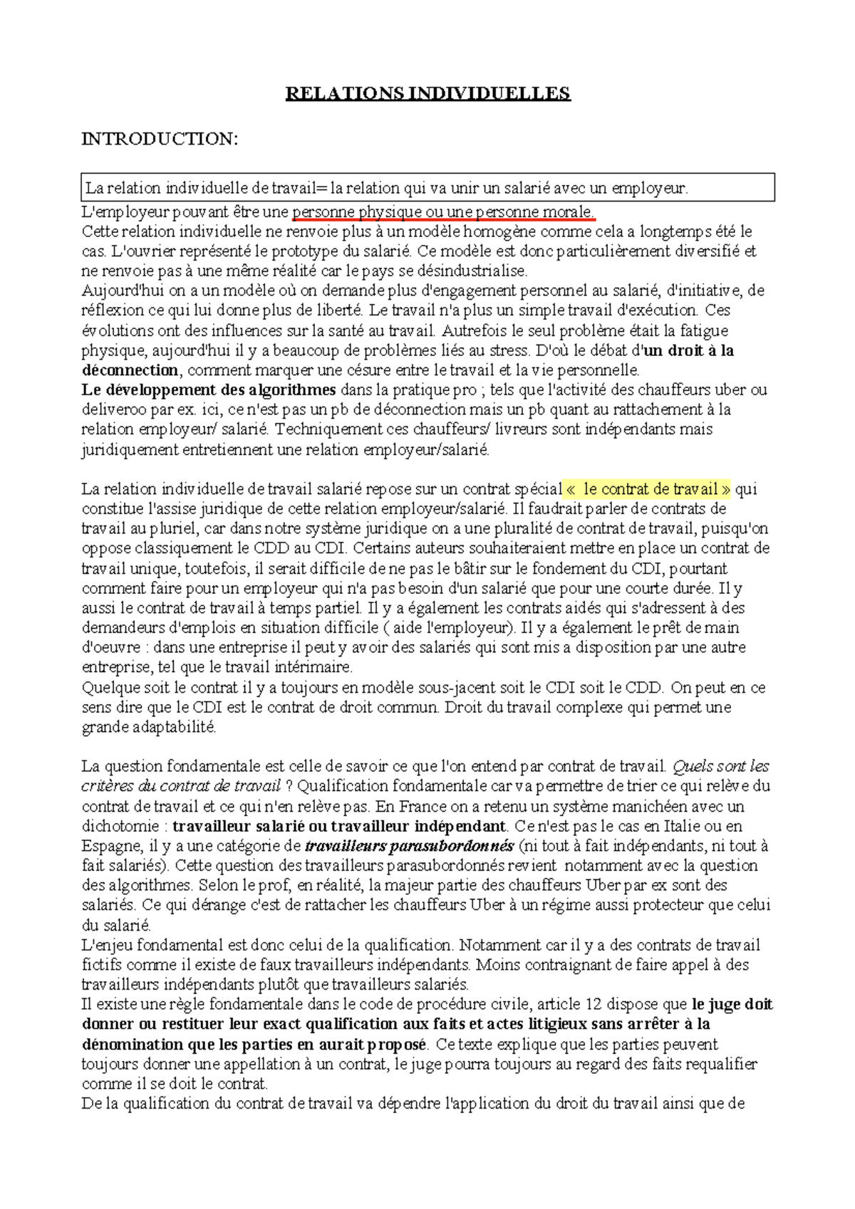 Droit du travail - 25 - RELATIONS INDIVIDUELLES INTRODUCTION: La relation individuelle de ...
