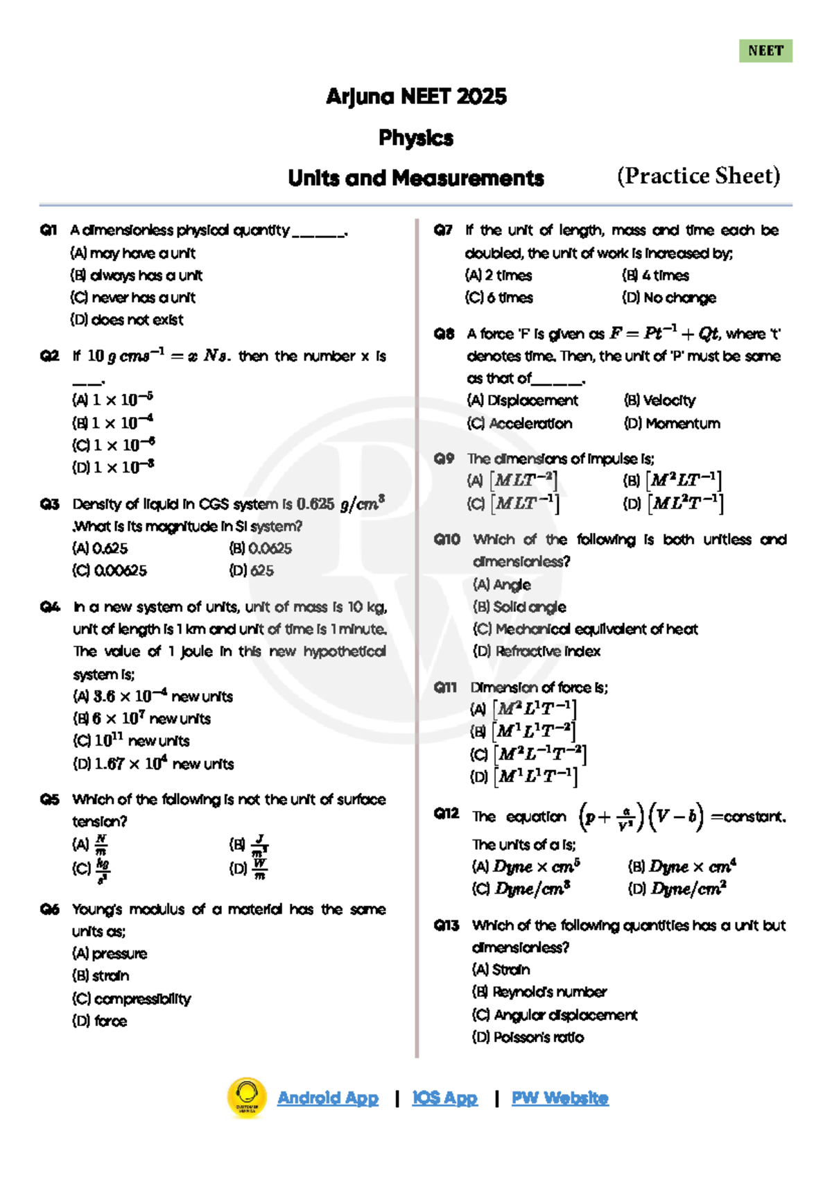 Units and Measurements Practice Sheet Arjuna NEET 2025 - Q 1 A ...