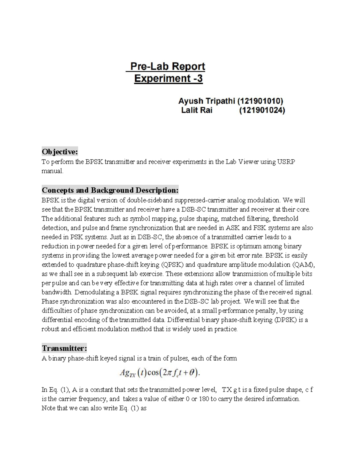 Expt 4 prelab - Pre lab Report 3 - Objective: To perform the BPSK ...