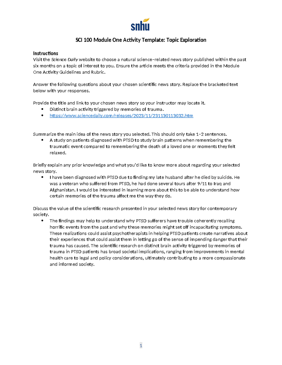 SCI 100 Module One Activity Template - Ensure the article meets the ...