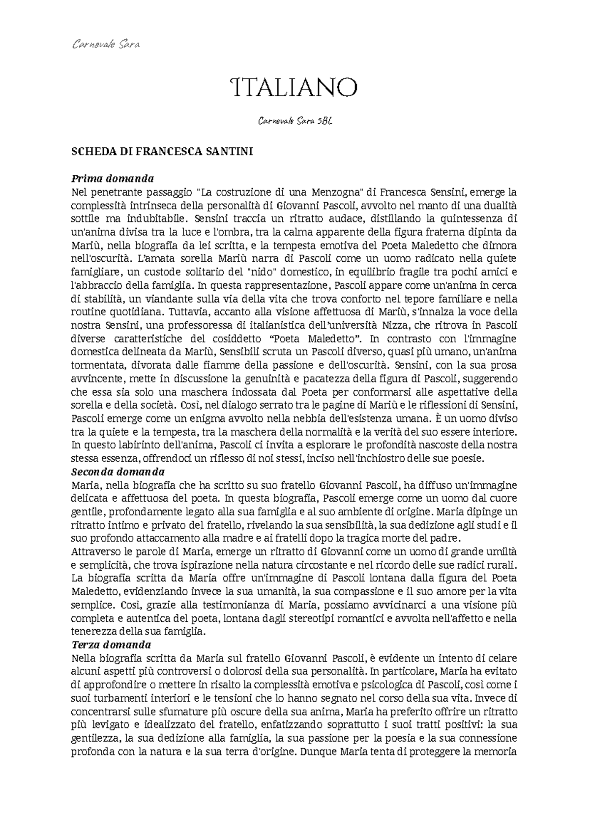 Italiano, compito delle vacanze - Italiano Carle Sar 5B SCHEDA DI ...