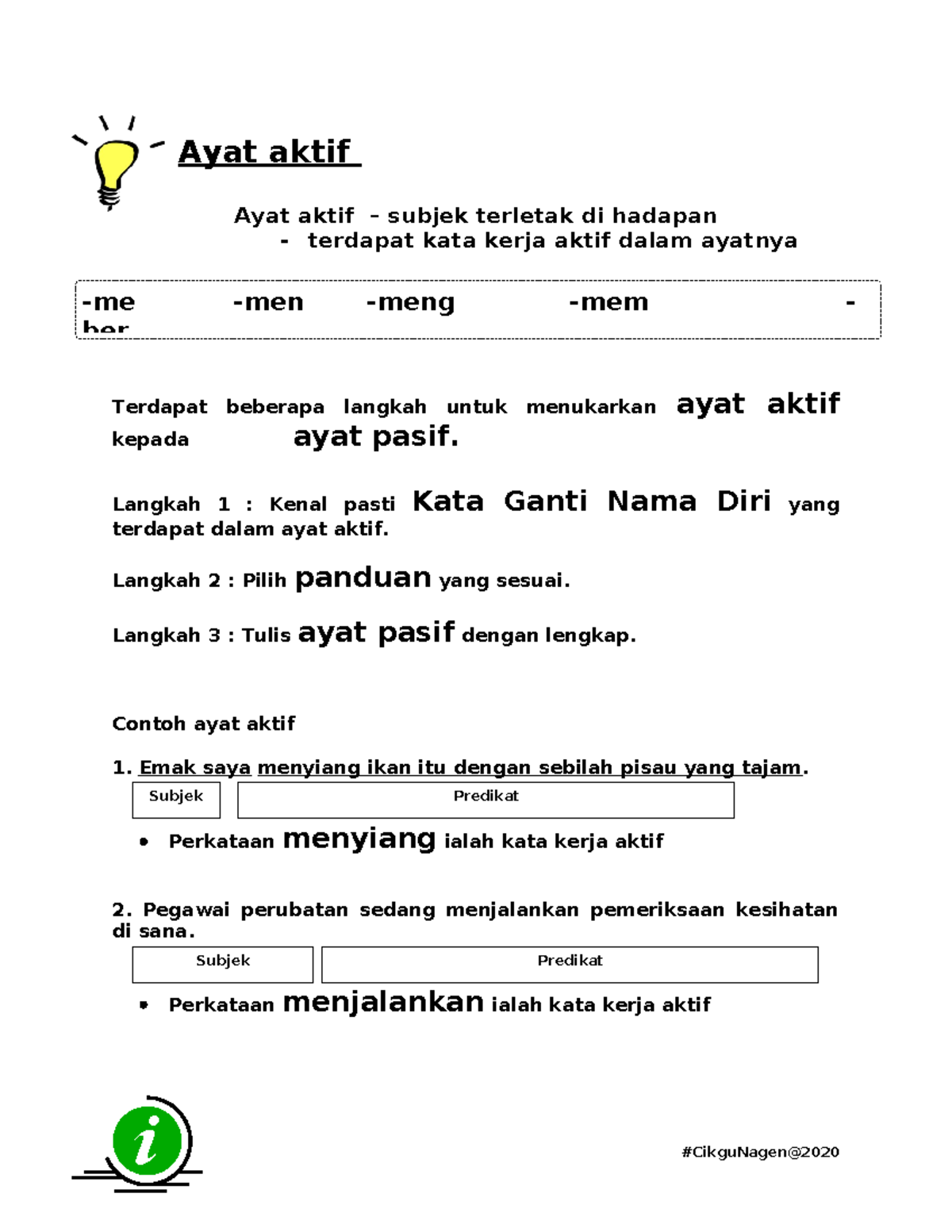 Latihan AYAT Aktif - Sitha - Ayat aktif Ayat aktif – subjek terletak di ...