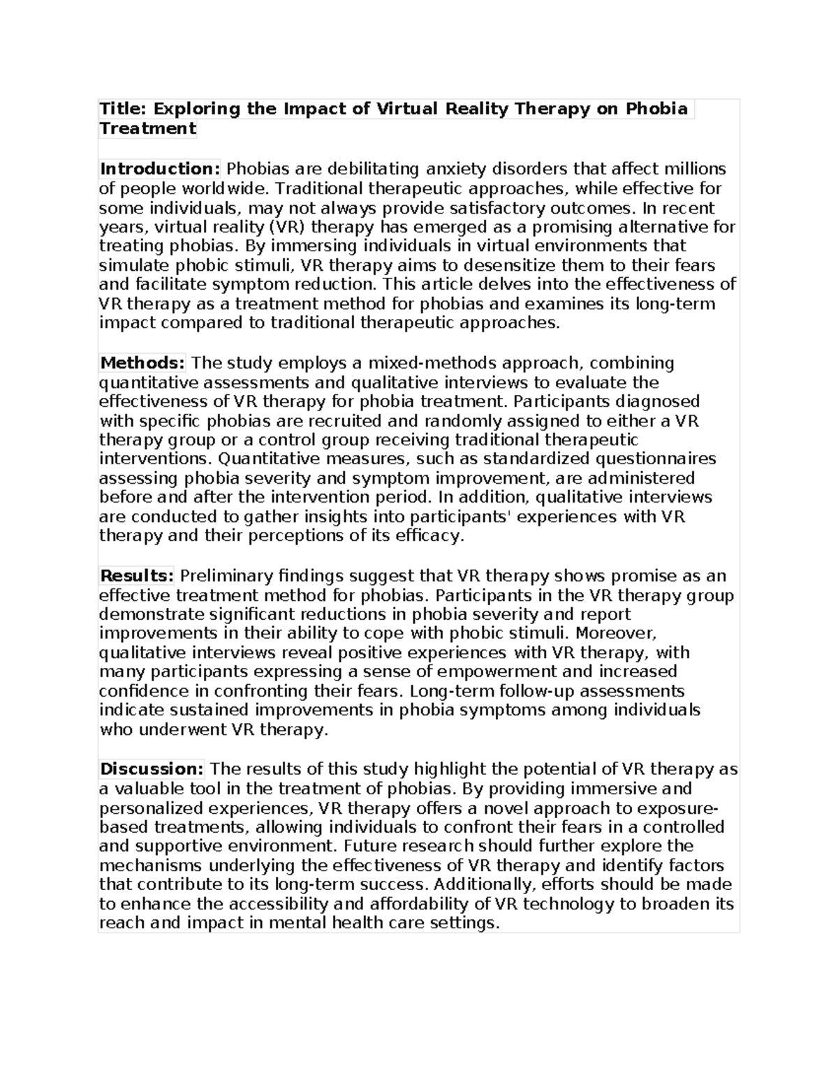 Exploring the Impact of Virtual Reality Therapy on Phobia Treatment ...