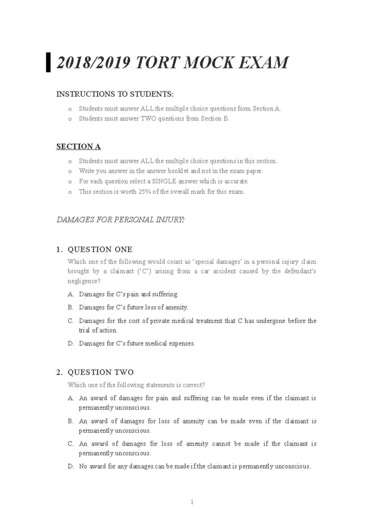 2018/2019 Law of Tort Mock - 2018/2019 TORT MOCK EXAM INSTRUCTIONS TO ...