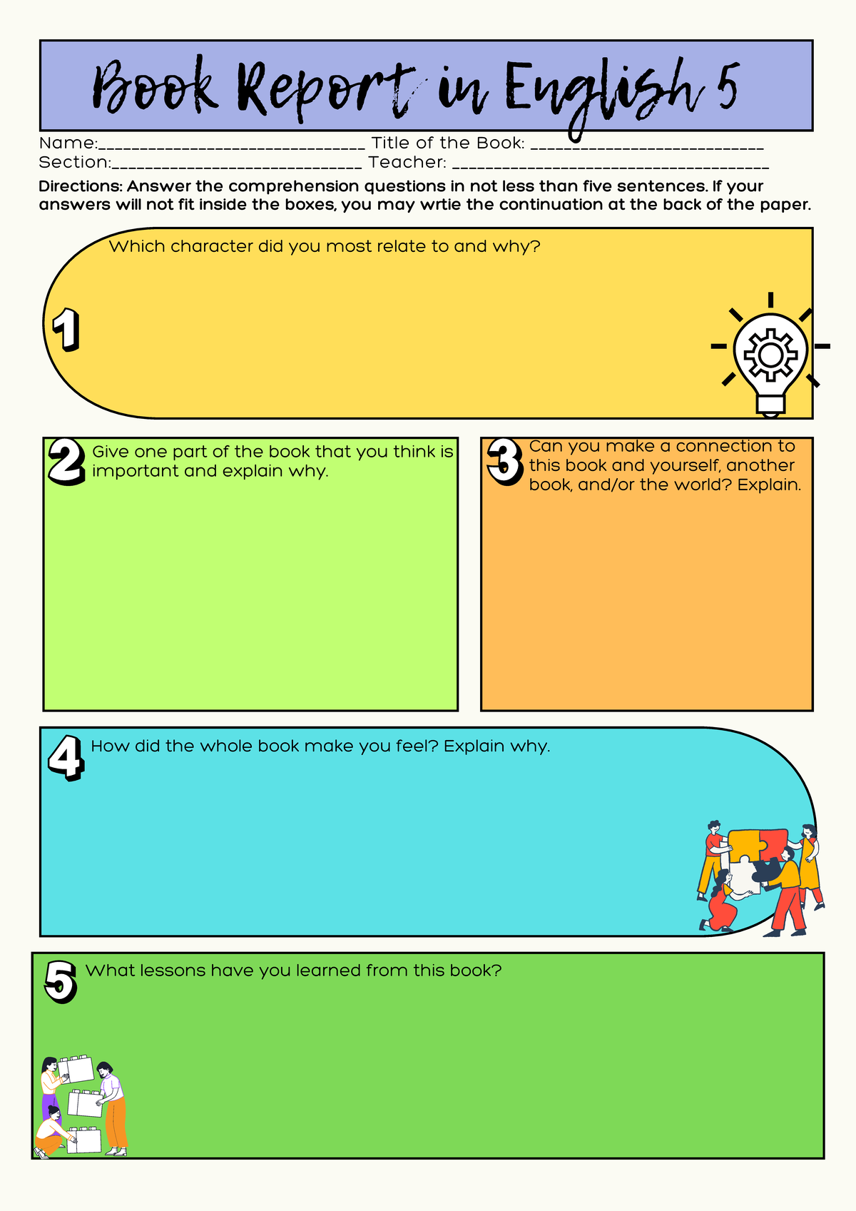 Book Report in english 5 - Give one part of the book that you think is ...