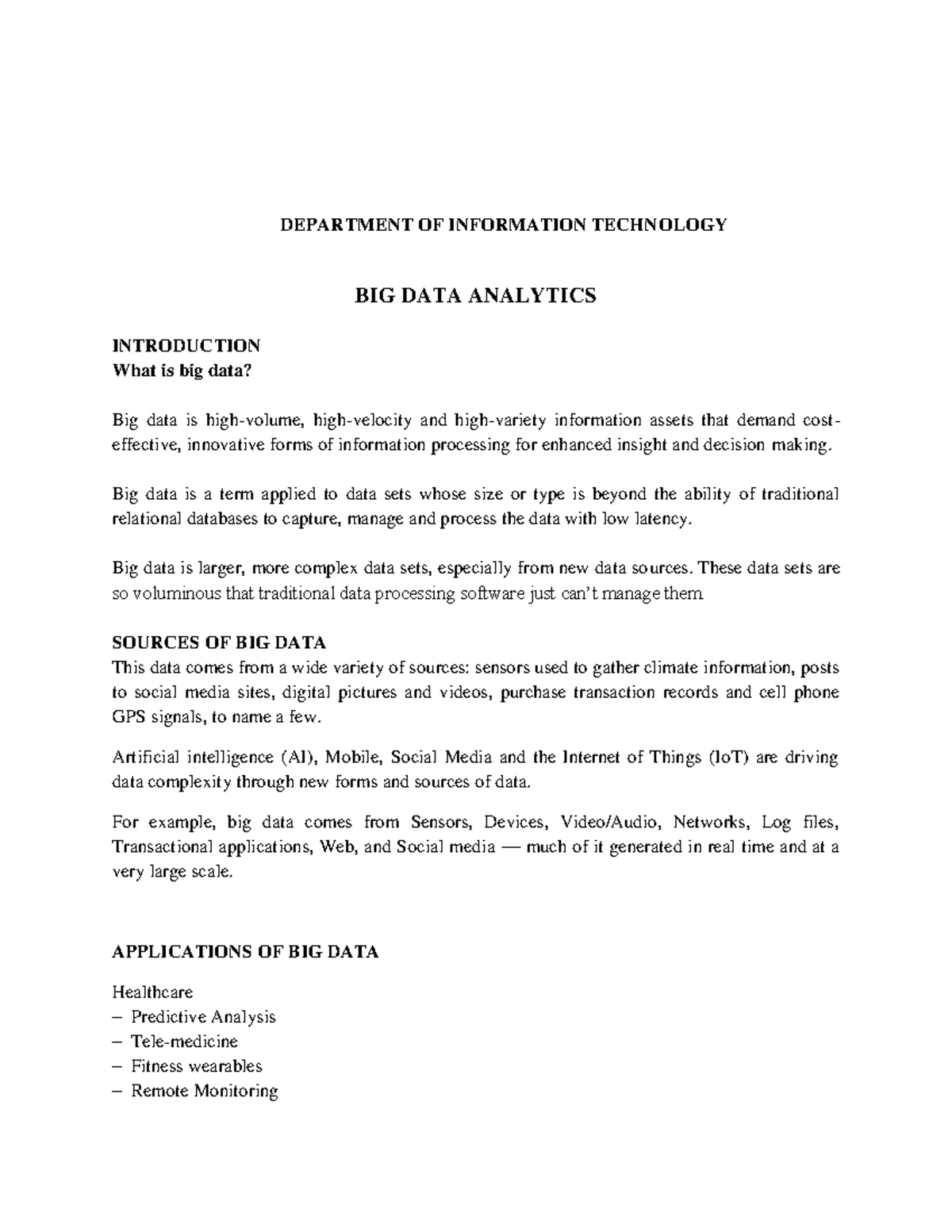 Unit 1 all - notes - DEPARTMENT OF INFORMATION TECHNOLOGY BIG DATA ...