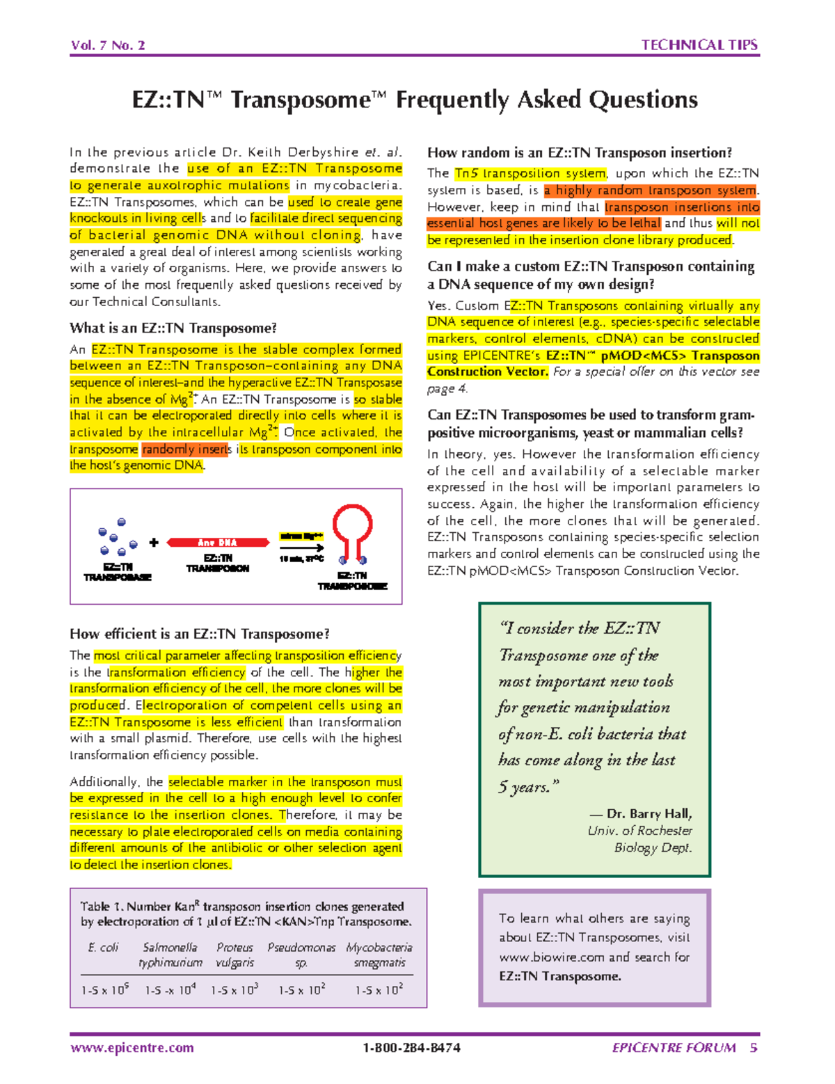 EZ-TN trasnposon mutagenesis - TECHNICAL TIPS Vol. 7 No. 2 EZ::TN ...
