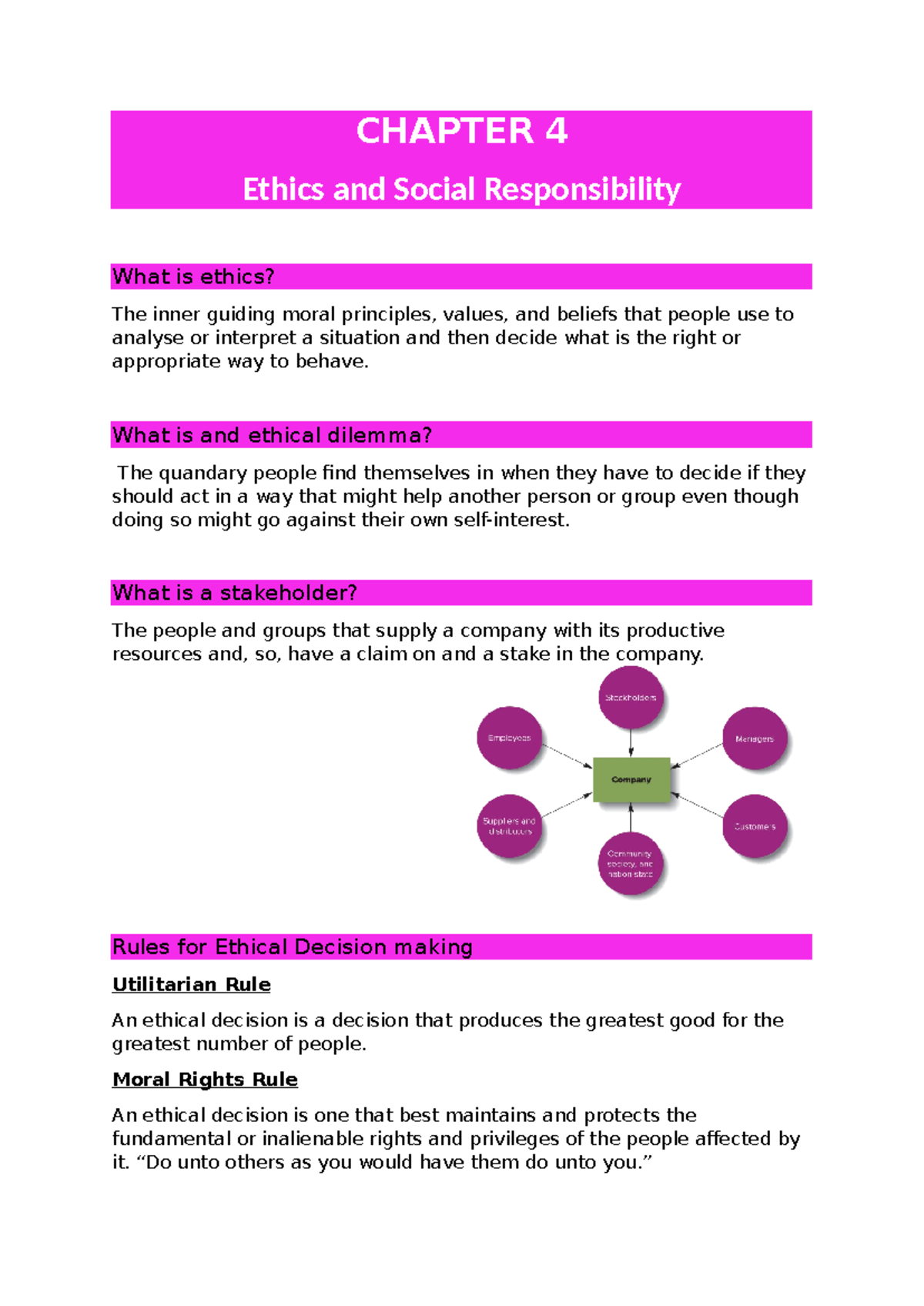 OBS ch. 4-8 - CHAPTER 4 Ethics and Social Responsibility What is ethics? The inner guiding moral ...