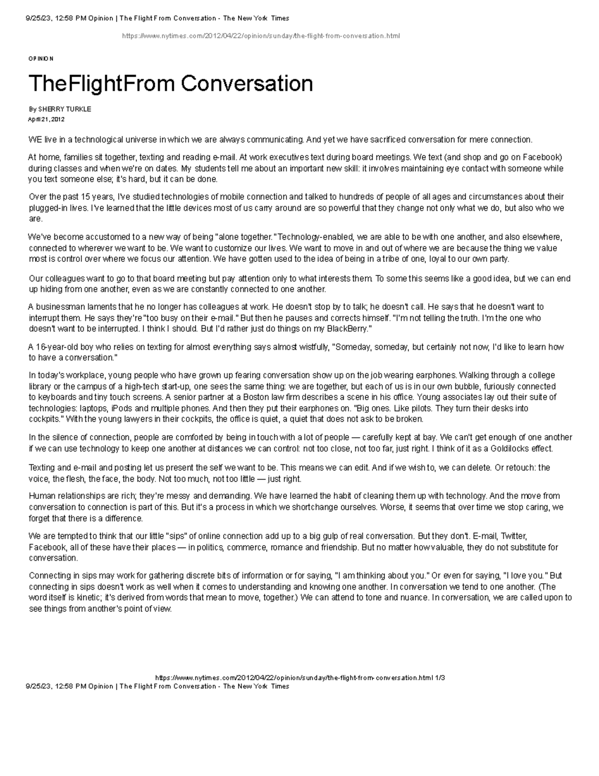 Opinion The Flight From Conversation - The New York Times - html ...