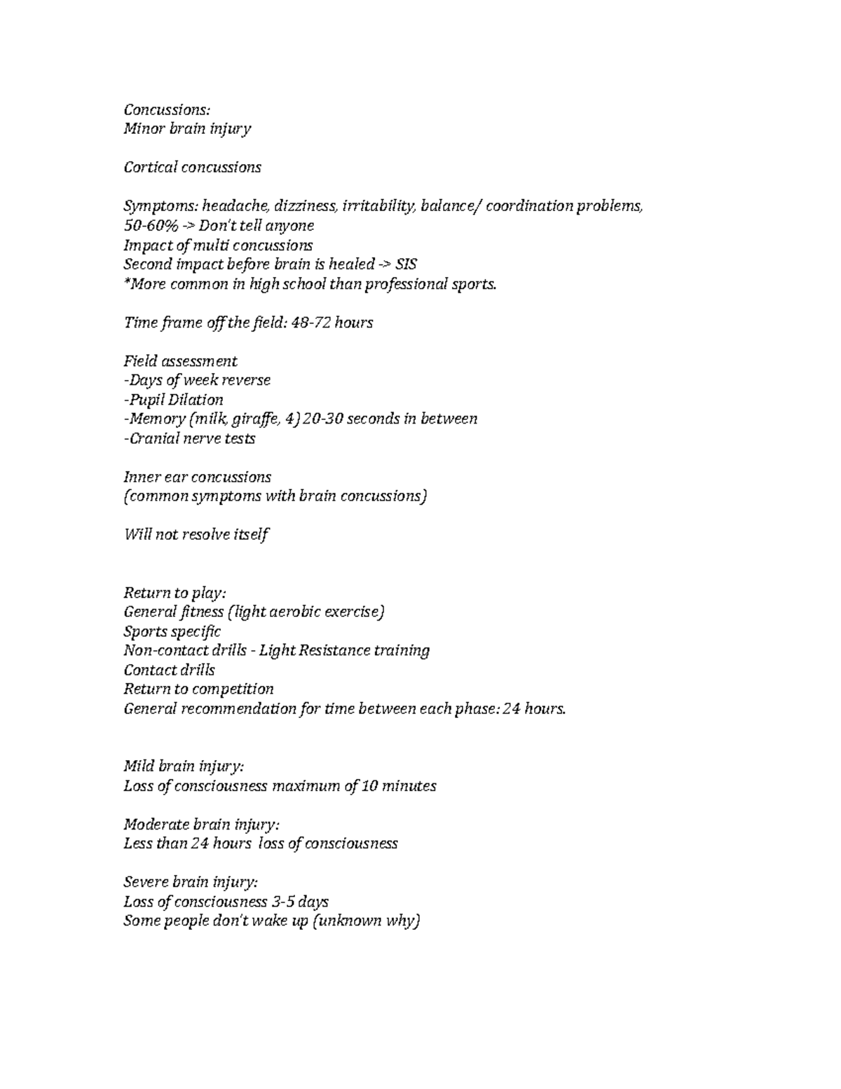Sport Injuries - Lecture notes 8 - Concussions: Minor brain injury ...