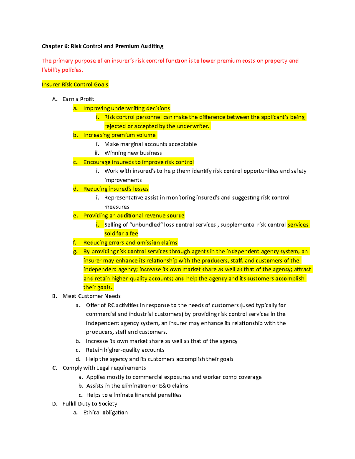 Chapter 5 - Chapter 6: Risk Control and Premium Auditing The primary ...