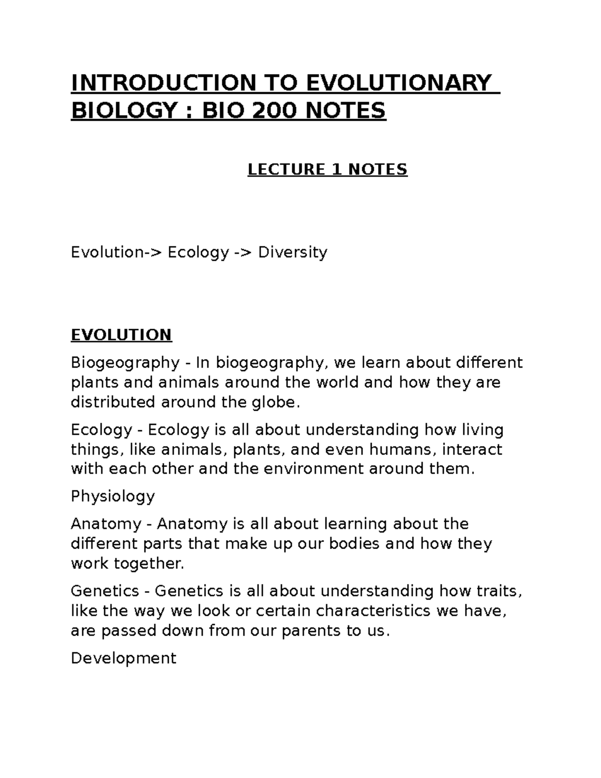 Introduction TO Evolutionary Biology - BIO 200 Notes Lecture 1 Notes ...