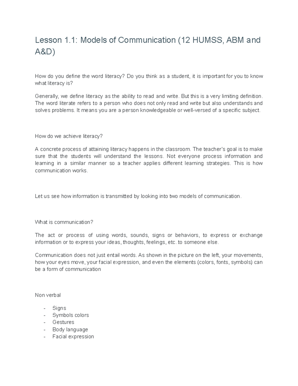 MIL midterm notes - Lesson 1: Models of Communication (12 HUMSS, ABM ...