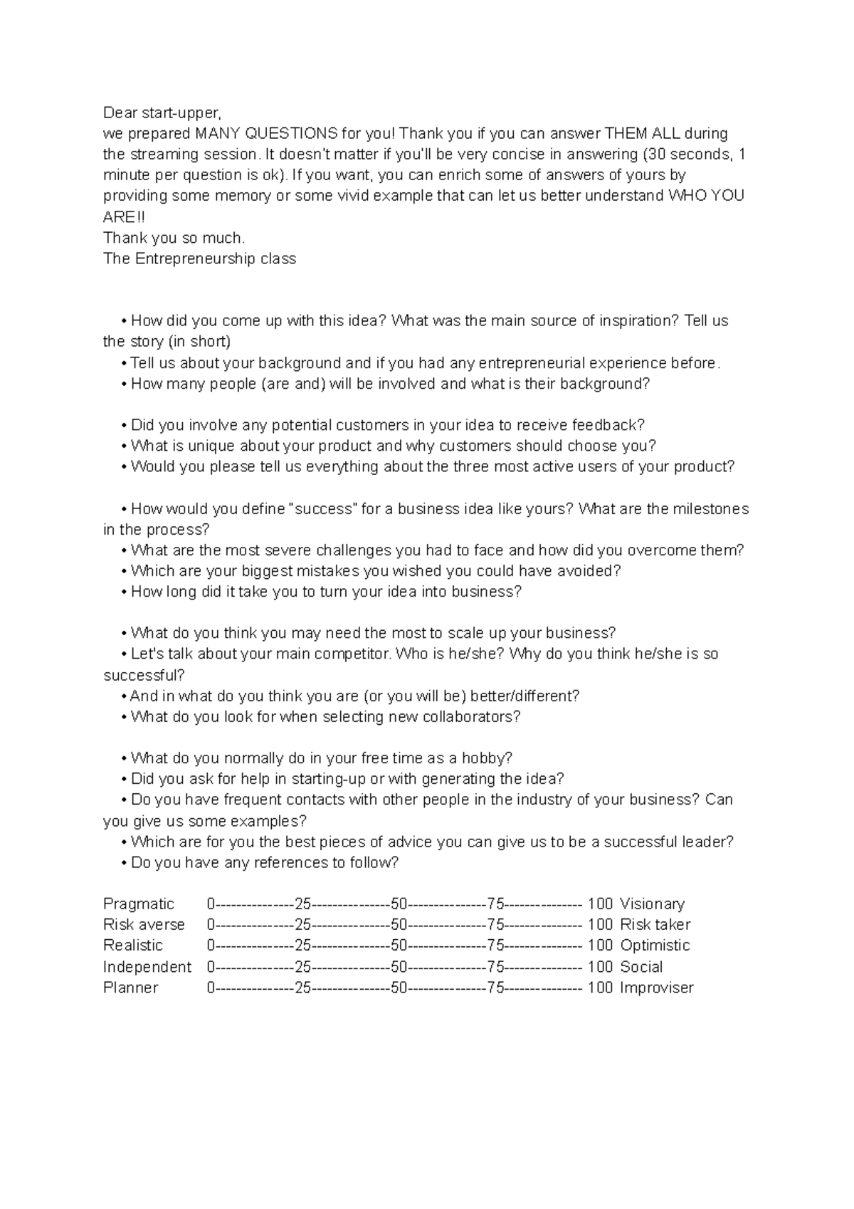 Questions FOR Guests Startup Corner - Dear start-upper, we prepared ...