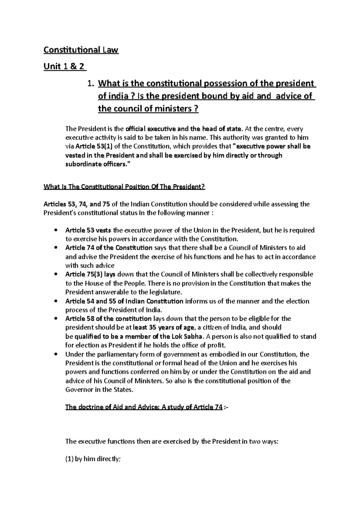Constitutional Law - These are notes. - Constitutional Law Unit 1 & 2 1 ...