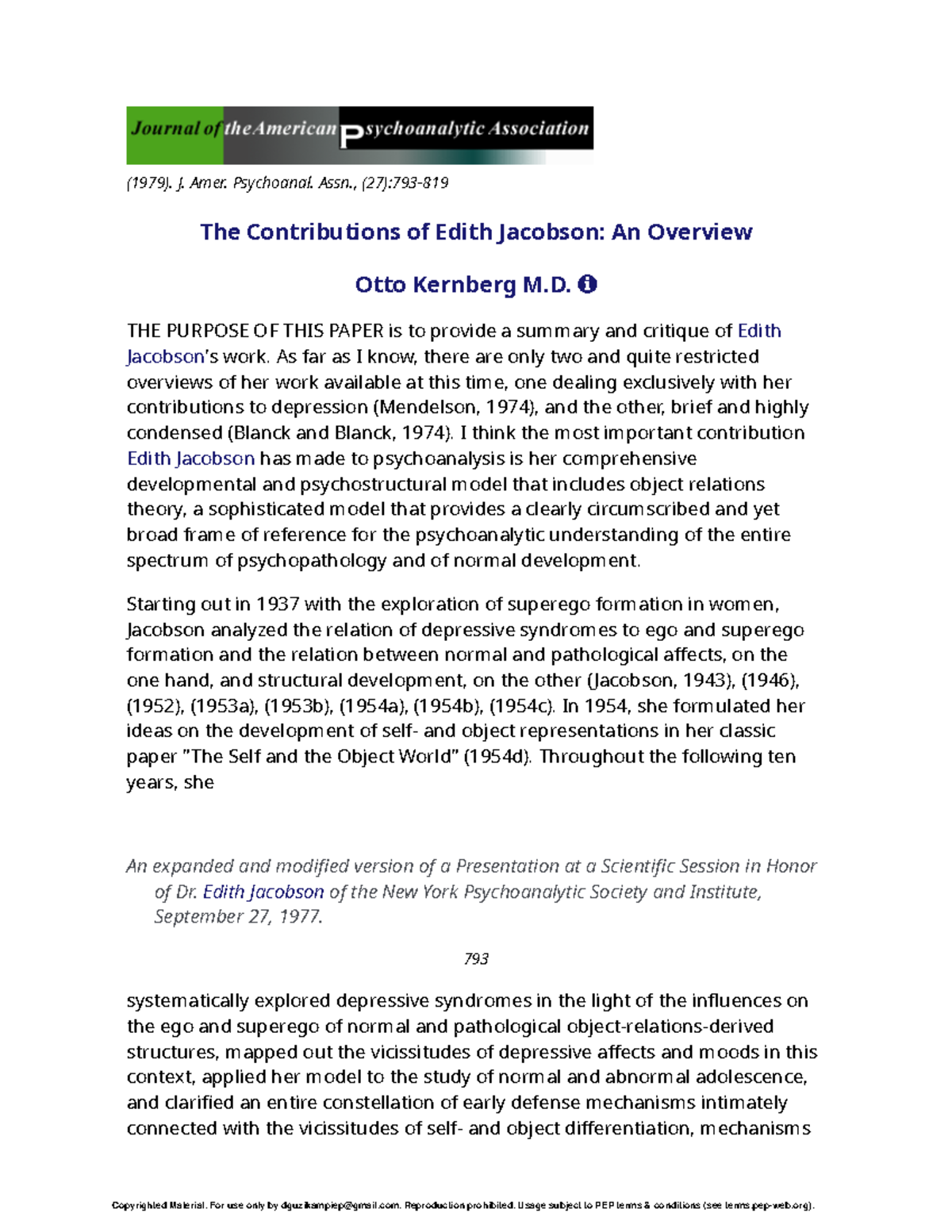 The Contributions of Edith Jacobson An Overview - (1979). J. Amer ...