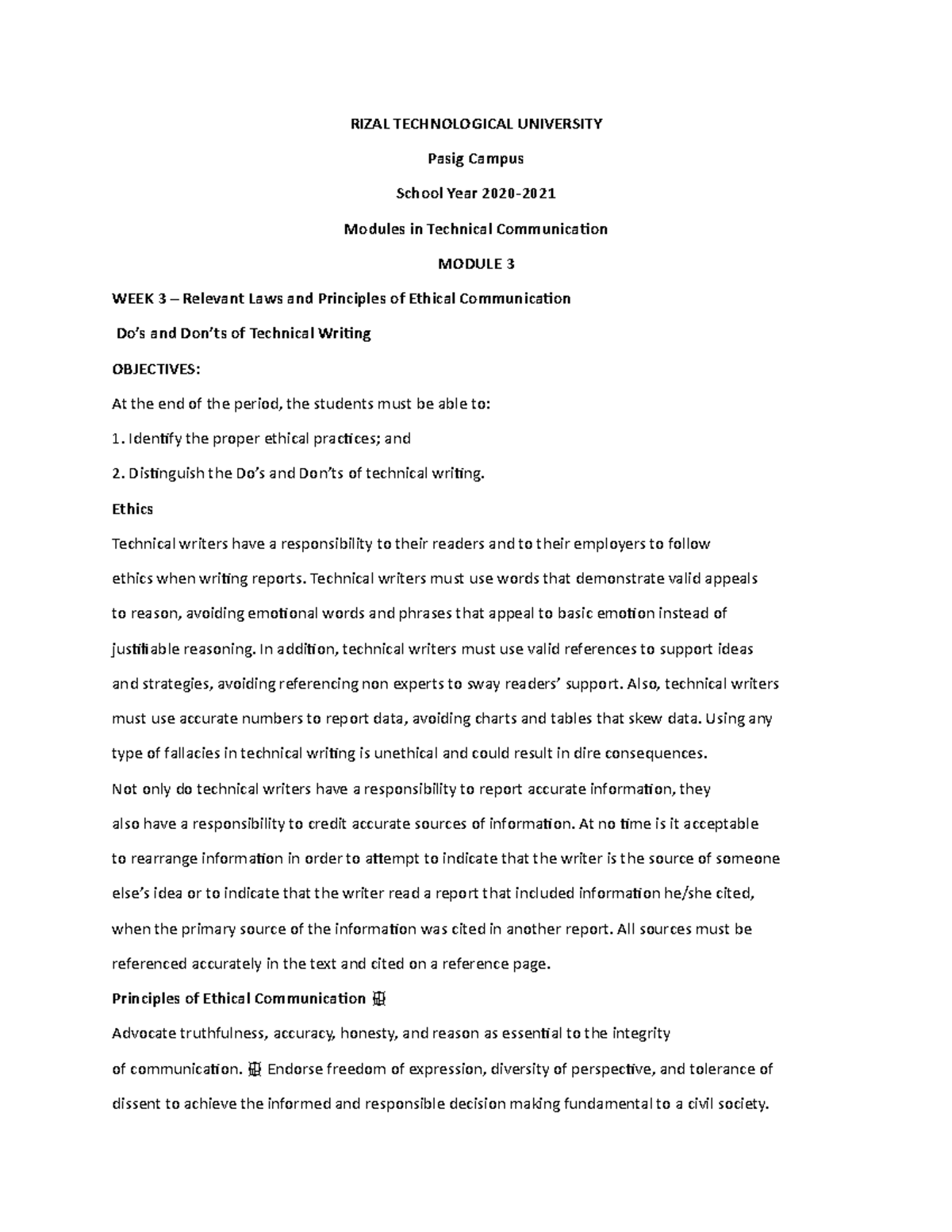 Technical Writing Module 3 Rizal Technological University Pasig Campus School Year 2020 0416